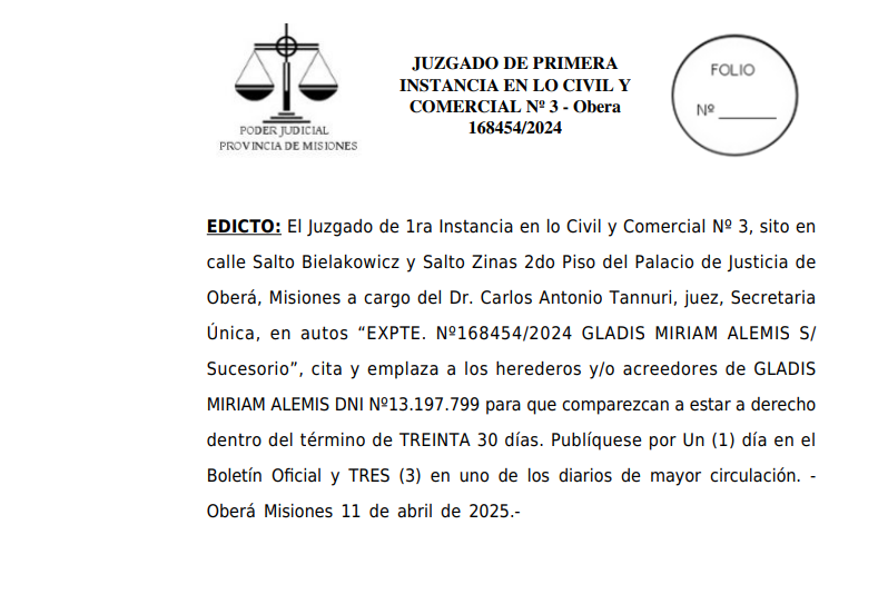 El Juzgado de 1ra Instancia en lo Civil y Comercial N°3 cita y emplaza ...